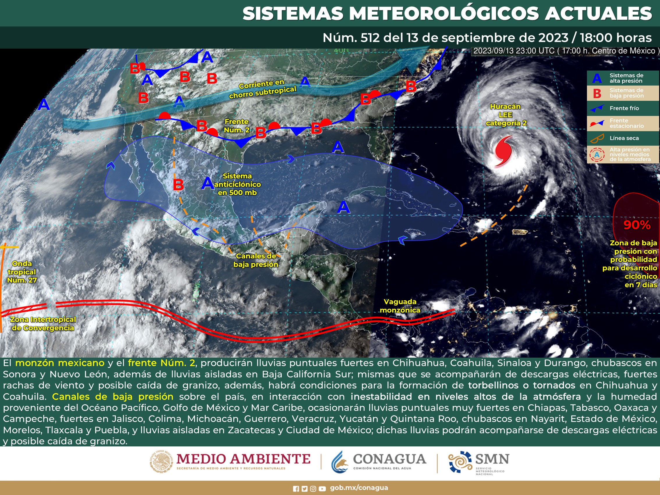 El frente frío 2 y el monzón mexicano generarán lluvias y vientos fuertes