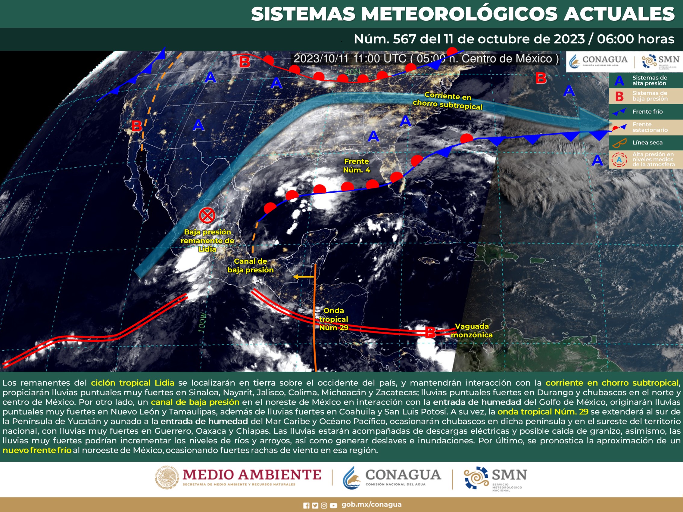 SMN prevé lluvias muy fuertes derivados del ciclón tropical Lidia